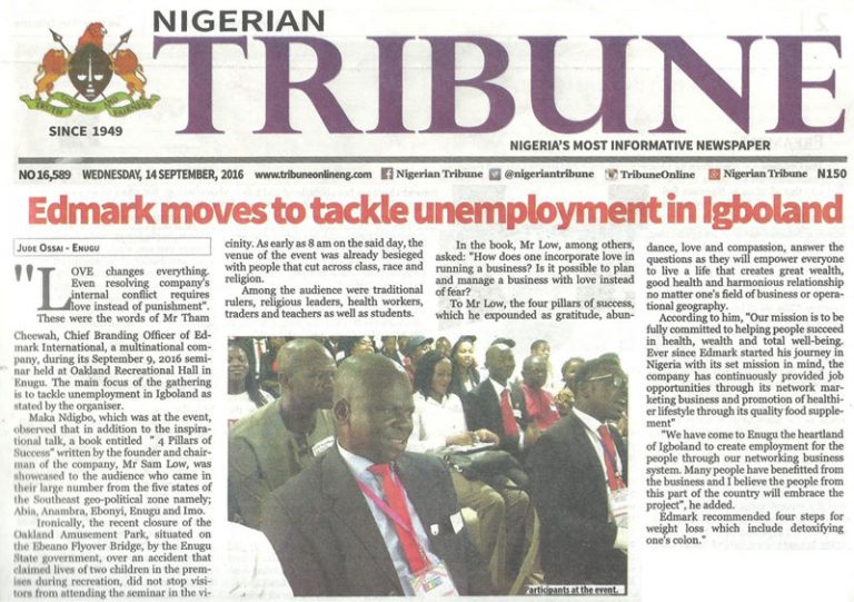 September 14, 2016 Nigerian Tribune, Nigeria - Edmark